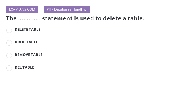 The ............. statement is used to delete a table. | EXAMIANS